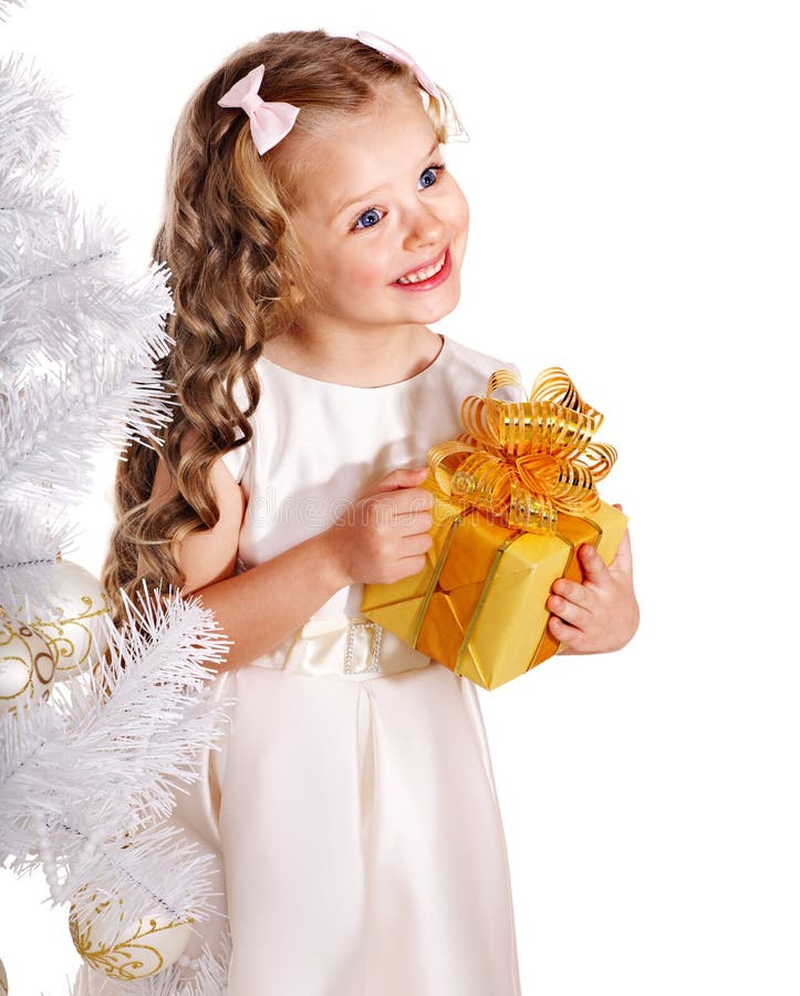 Kid with Gold Christmas Gift Box. Stock Image - Image of caucasian ...