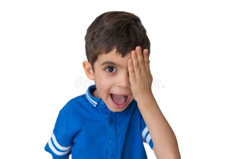 Kid Close One Eye with Hand To Check Vision on White Background. Vision ...