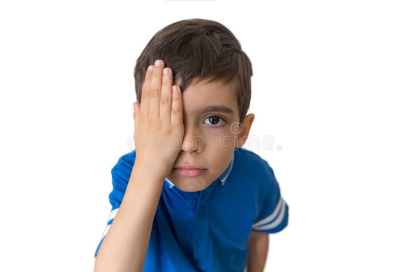 Kid Close One Eye with Hand To Check Vision on White Background. Vision ...