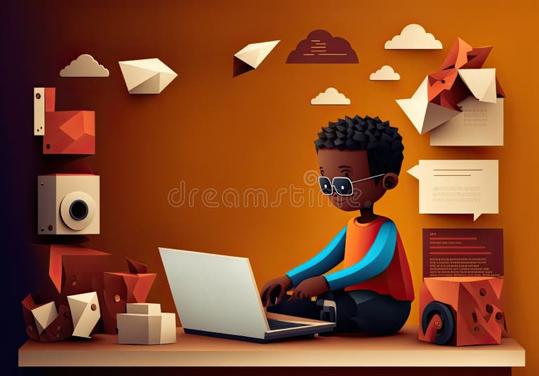 Kid Coding Computer Programming Paper Cut Banner, Generative AI Stock ...