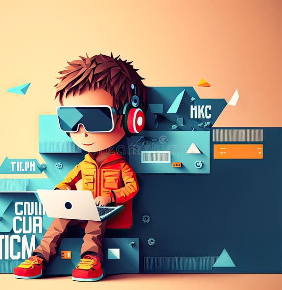 Kid Coding Computer Programming Paper Cut Banner, Generative AI Stock Illustration ...