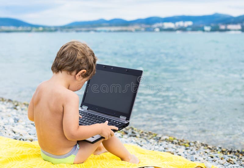Laptop Computer Near The Beach Stock Photo - Image of geek, lifestyle ...