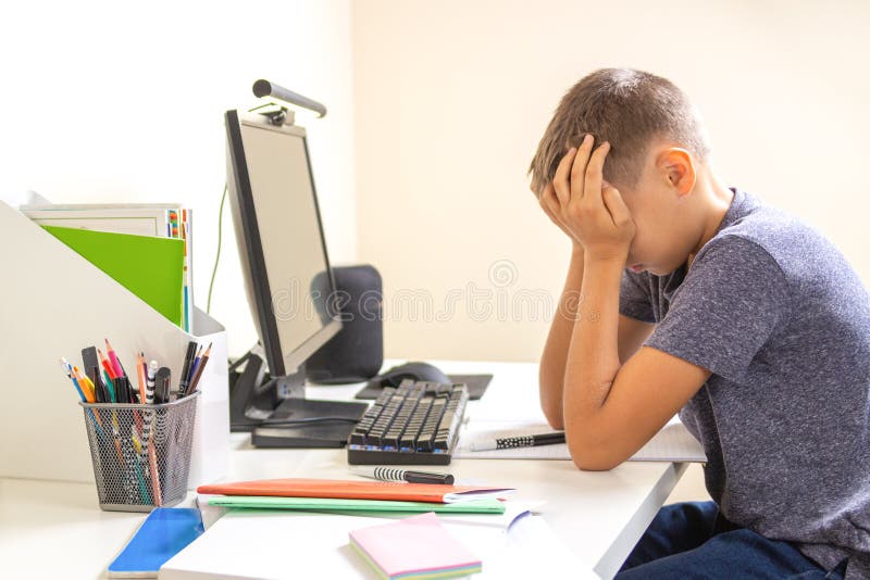 Kid with Computer Doing Homework at Home. Learning Difficulties, Online ...