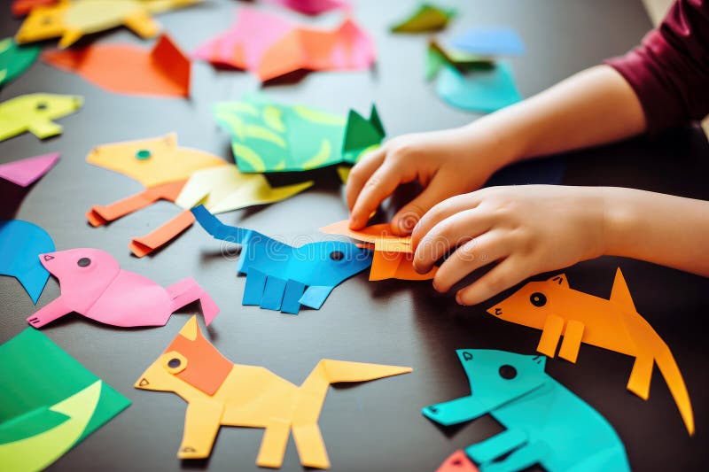 Kid Creativity: Crafting Colorful Paper Animals Stock Illustration ...