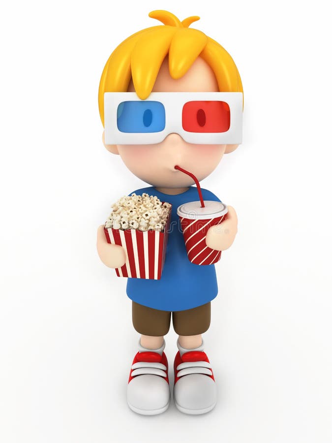 Kid with 3d Glass, Popcorn and Drinks Stock Illustration - Illustration ...