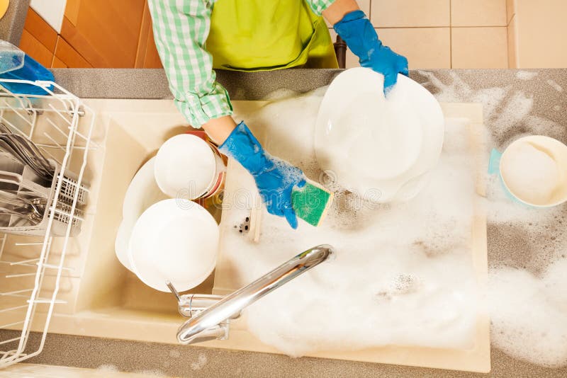 Kid Doing the Dishes with Sponge in Foamy Sink Stock Image - Image of ...