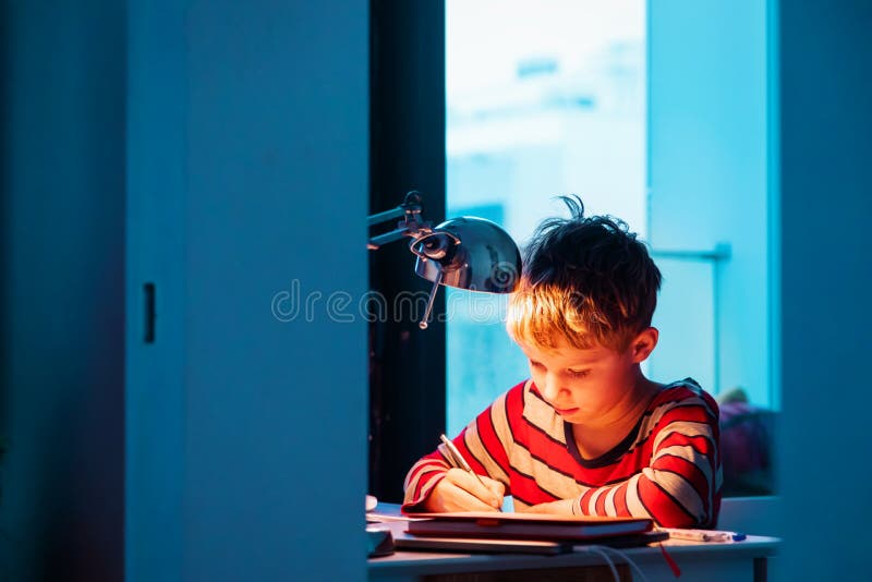 Kid Doing Homework Late Evening or Early Morning, Procrastination Stock ...