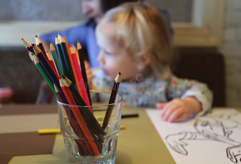 Kid Drawing, Color Pencil in the Glass Stock Photo - Image of leisure ...
