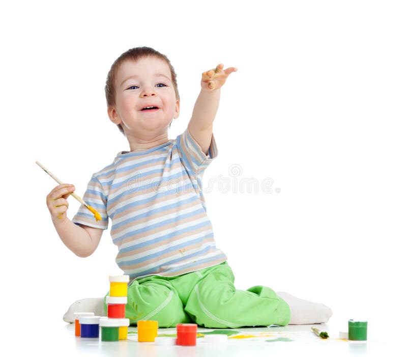 Kid Drawing with Paints Pointing Above Camera Stock Photo - Image of ...