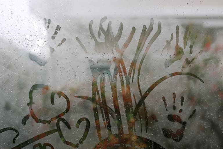 Kid Drawing on Wet Window Glass while Raining Stock Illustration ...