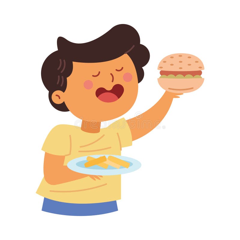 Kid Eating Burger Enjoying Fast Food Stock Vector - Illustration of ...