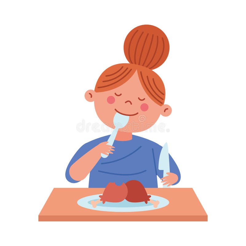 Kid Eating Dinner Using Fork Happy Mealtime Stock Vector - Illustration ...