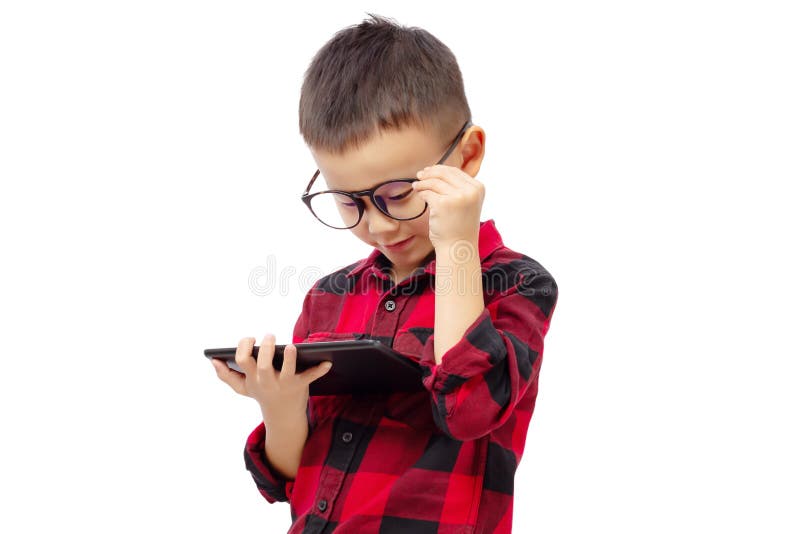 Kid with Eyeglasses Trying To Read Book on Tablet Stock Image - Image ...