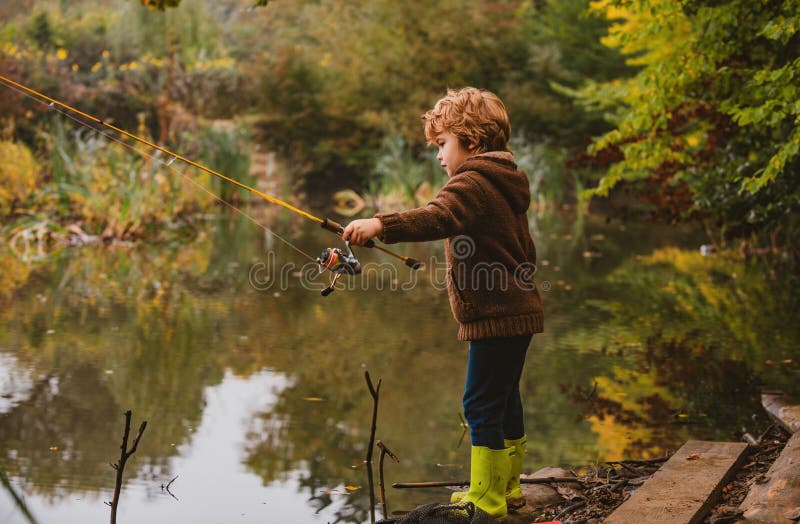 Kid with Fishing-rod. Child Fishing at Autumn Lake. Stock Image - Image ...