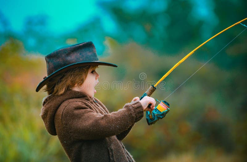 Kid Fishing with Spinning Reel. Kids Fly Fishing. Stock Photo - Image ...