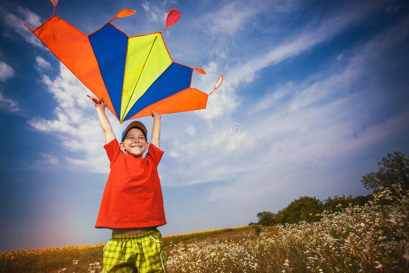 Kid Flies a Kite into the Blue Sky Stock Image - Image of caucasian ...