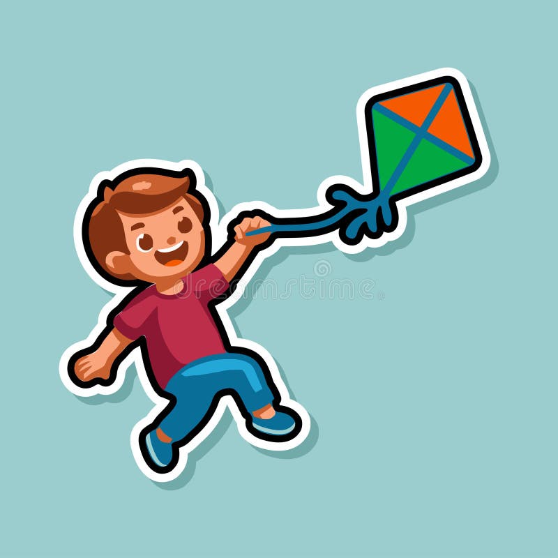 Illustrated Sticker of a Joyful Kid Holding a Kite in the Wind Stock ...