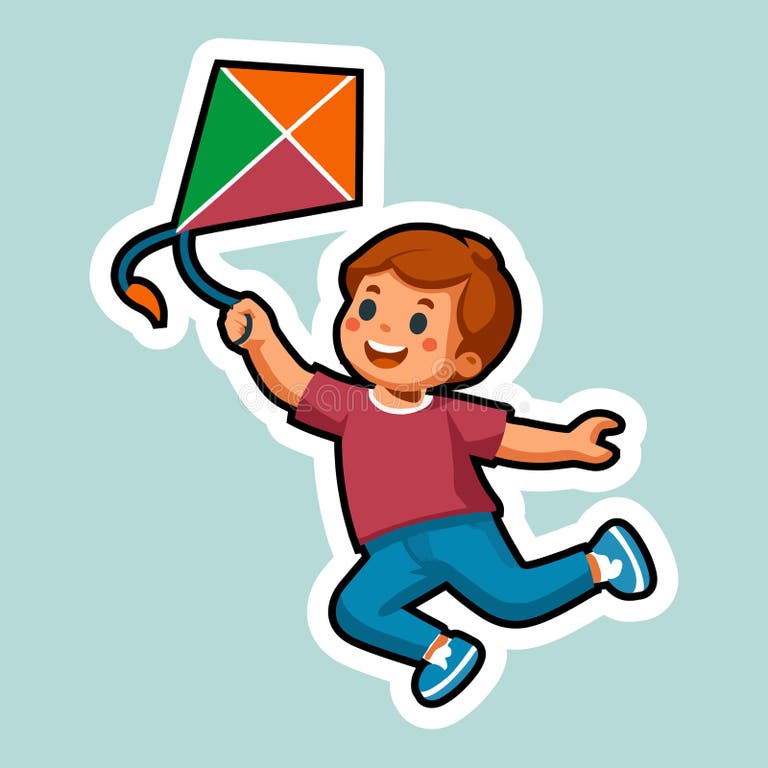 Heartwarming Scene of a Kid Smiling while Flying a Kite Sticker Stock ...