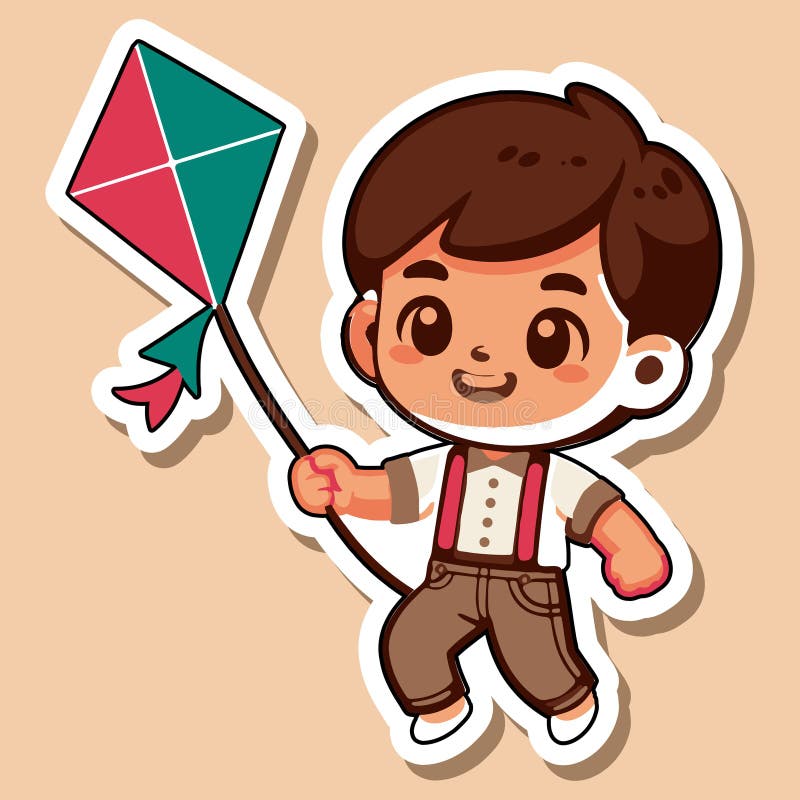 Playful Kid Flying a Kite with Clouds in the Background Sticker Stock ...