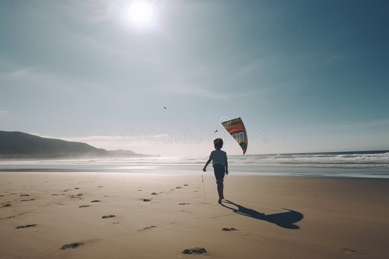 Kid Flying Kite at Sunrise, Child Running on the Beach with a Kite ...
