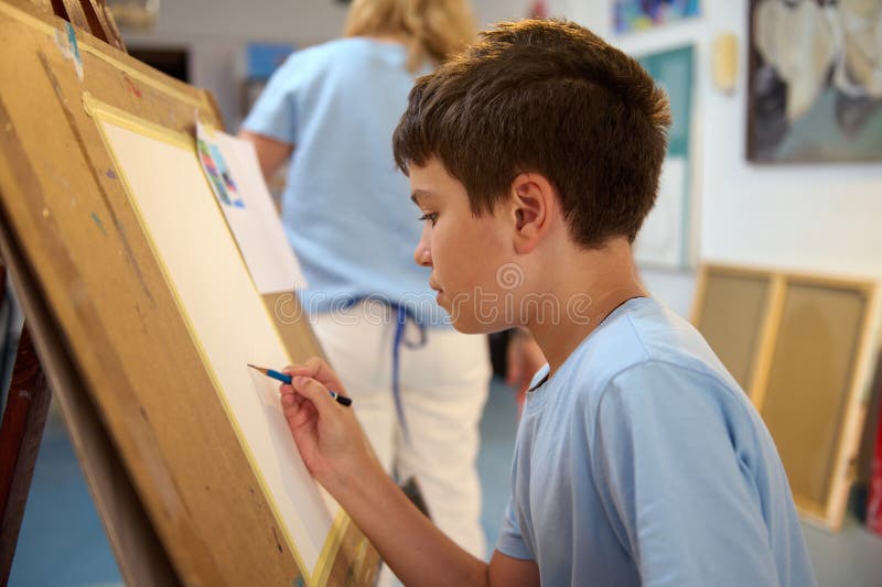 Kid Focused on Drawing during an Art Class in the Workshop Stock Image ...