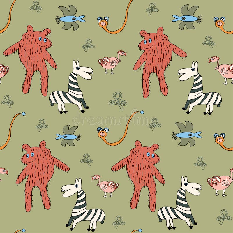 Kid Friendly Seamless Pattern with Animals. Childish Style Drawing ...