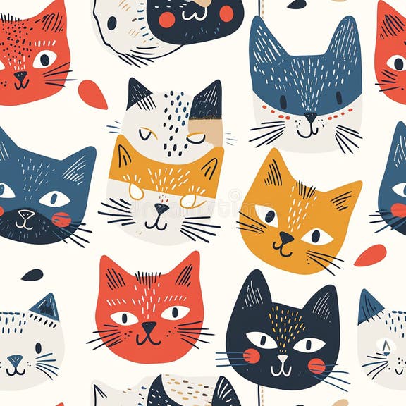 Kid-Friendly Smiling Cat Face Seamless Pattern Stock Illustration ...