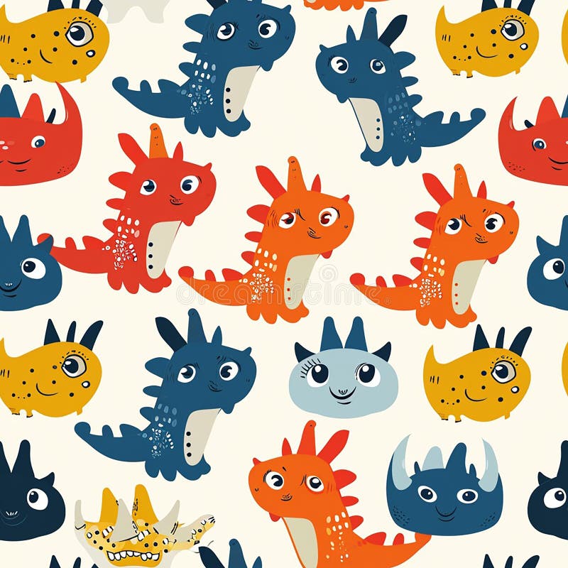Kid-Friendly Smiling Dragon Face Seamless Pattern Stock Illustration ...