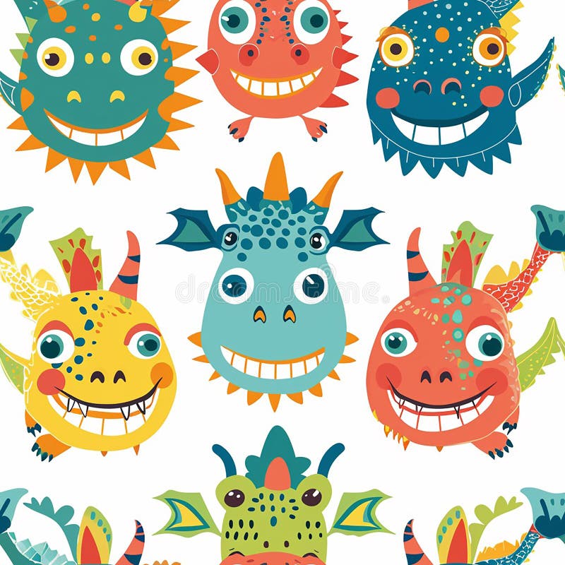 Kid-Friendly Smiling Dragon Face Seamless Pattern Stock Illustration ...