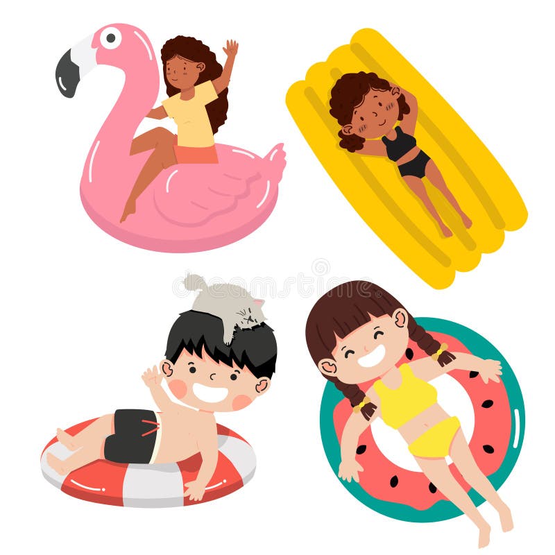 Kid Gir or Boy Relaxing on Float Swim Set Stock Vector - Illustration ...
