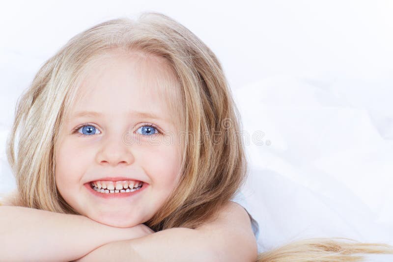 Kid girl in bed stock photo. Image of white, small, positive - 255395774