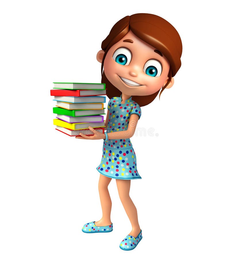 Kid girl with Book stack stock illustration. Illustration of character ...