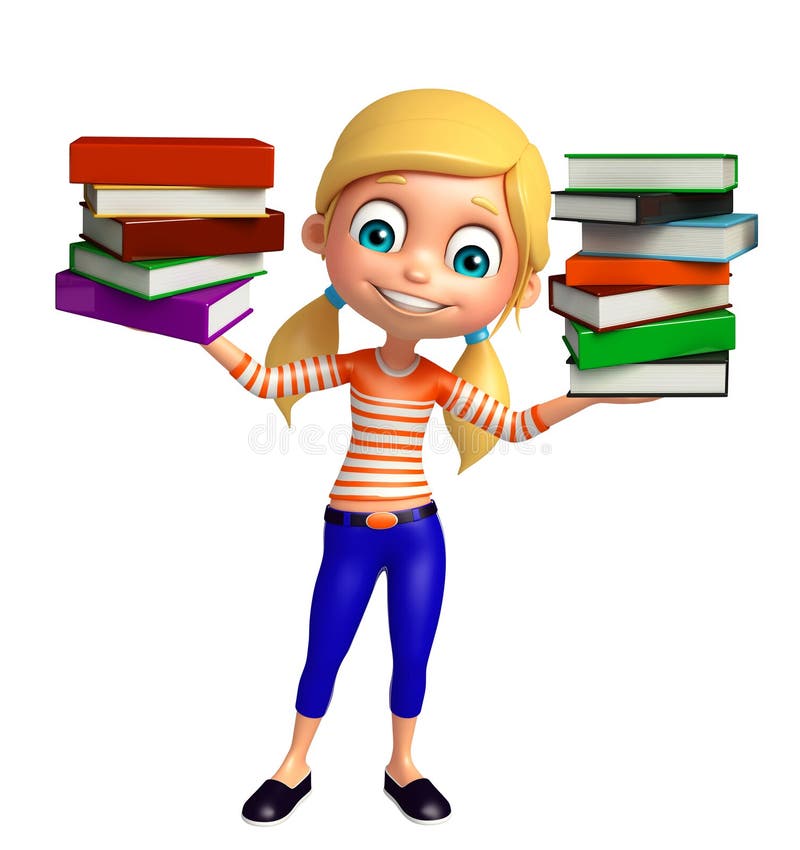 Kid girl with Book stack stock illustration. Illustration of character ...