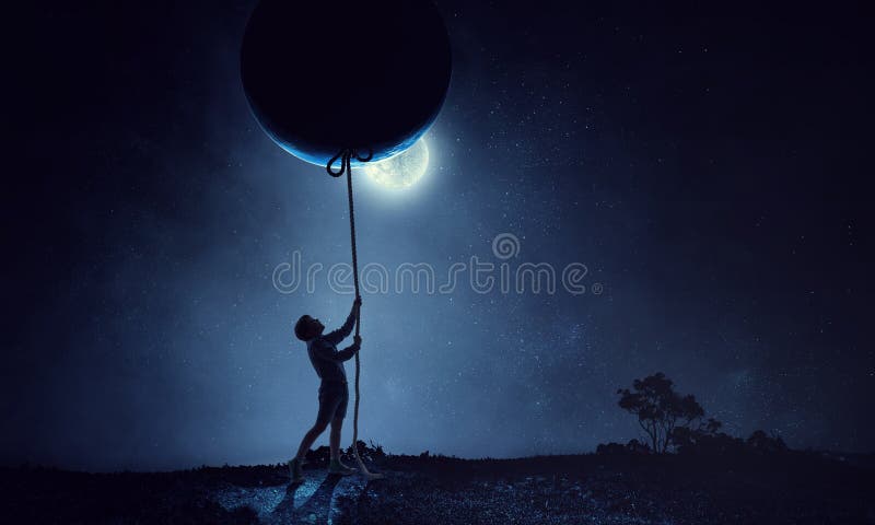 Kid Girl Catching Moon . Mixed Media Stock Photo - Image of beautiful ...