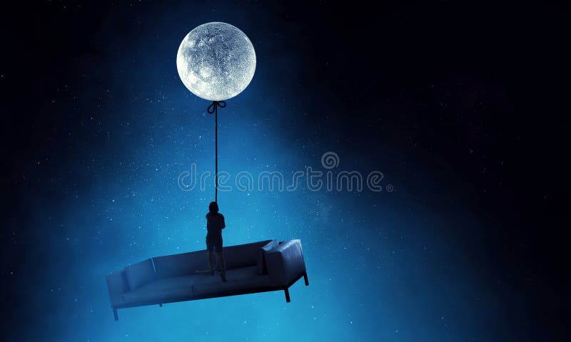 Kid Girl Catching Moon . Mixed Media Stock Photo - Image of face, night ...