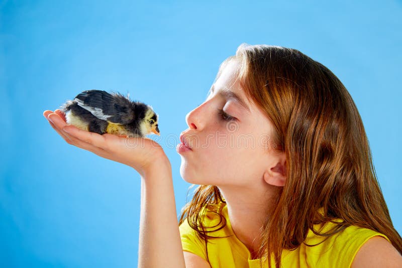 Kid Girl with Chicks Playing on Blue Stock Image - Image of blue ...