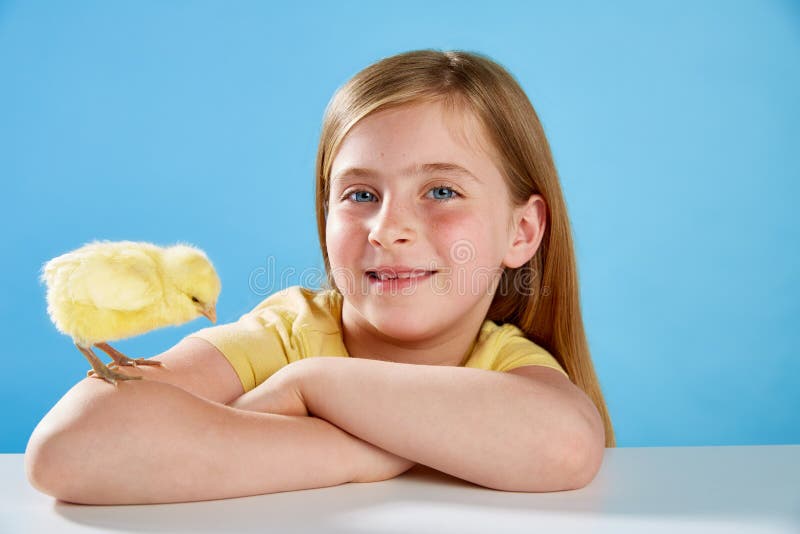 Kid Girl with Chicks Playing on Blue Stock Image - Image of mascot ...