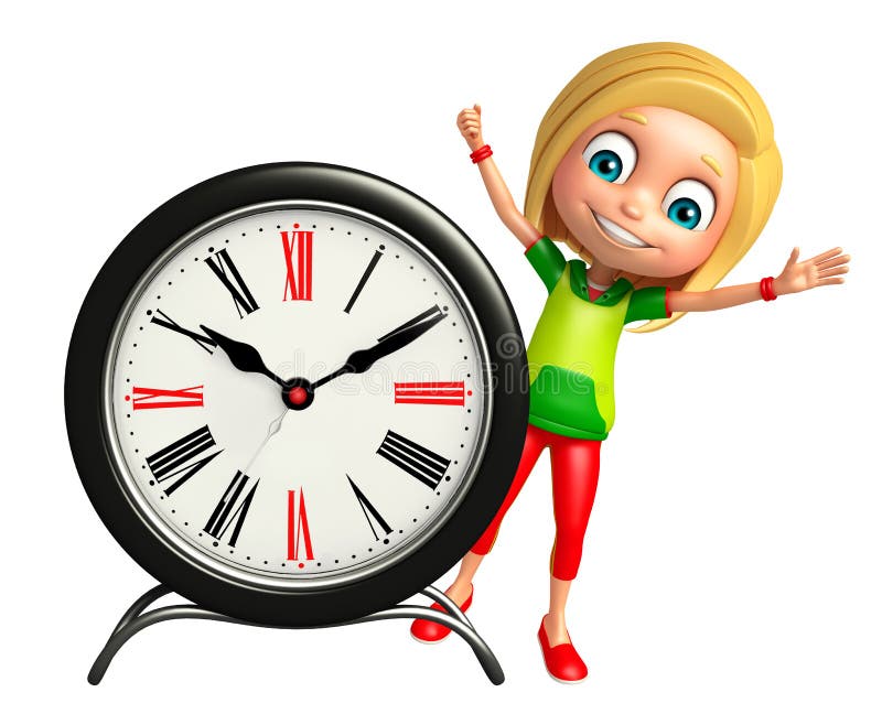 Kid girl with Clock stock illustration. Illustration of class - 77493660