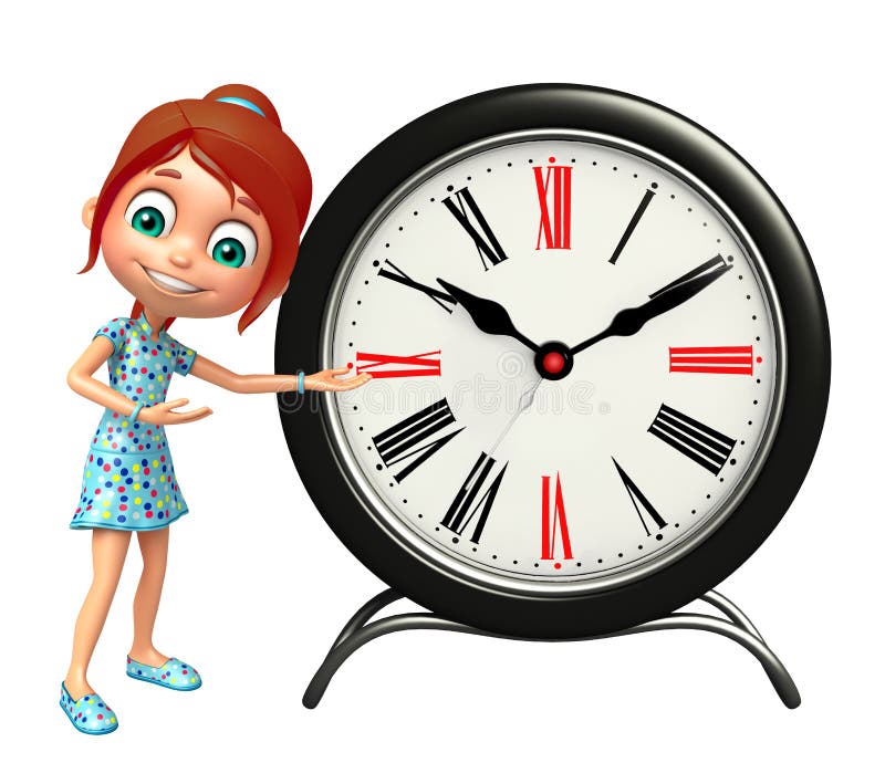 Kid girl with Clock stock illustration. Illustration of grade - 77513622