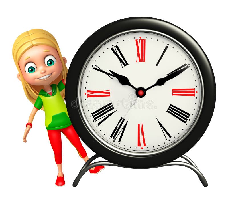 Kid girl with Clock stock illustration. Illustration of read - 77518456