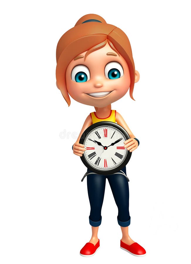 Kid girl with Clock stock illustration. Illustration of study - 77521921