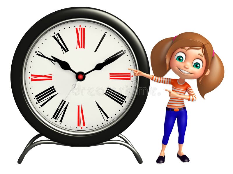 Kid girl with Clock stock illustration. Illustration of activity - 77525301