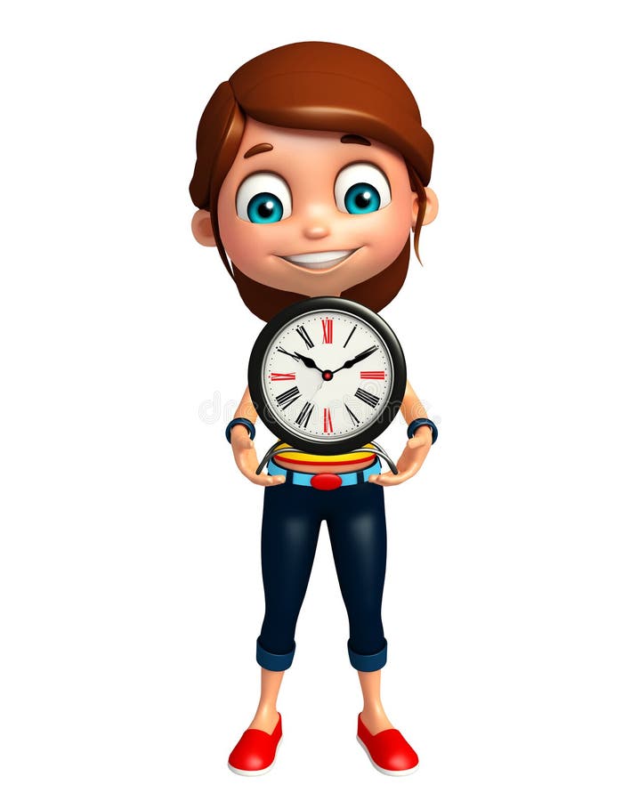 Kid girl with Clock stock illustration. Illustration of cheerful - 77532425