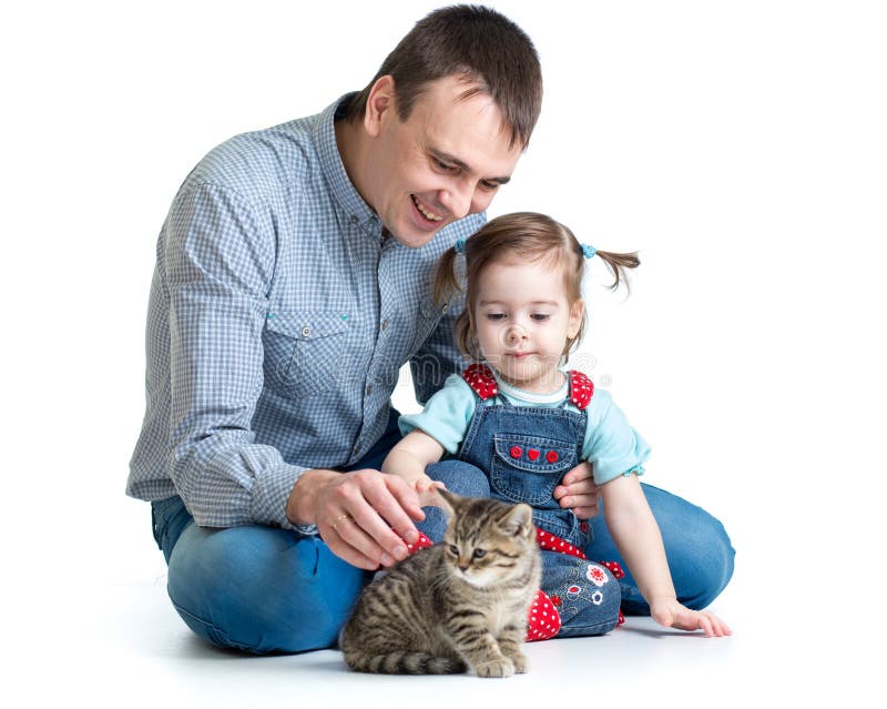 Kid Girl and Dad Play with Cat Kitten Stock Image - Image of family ...