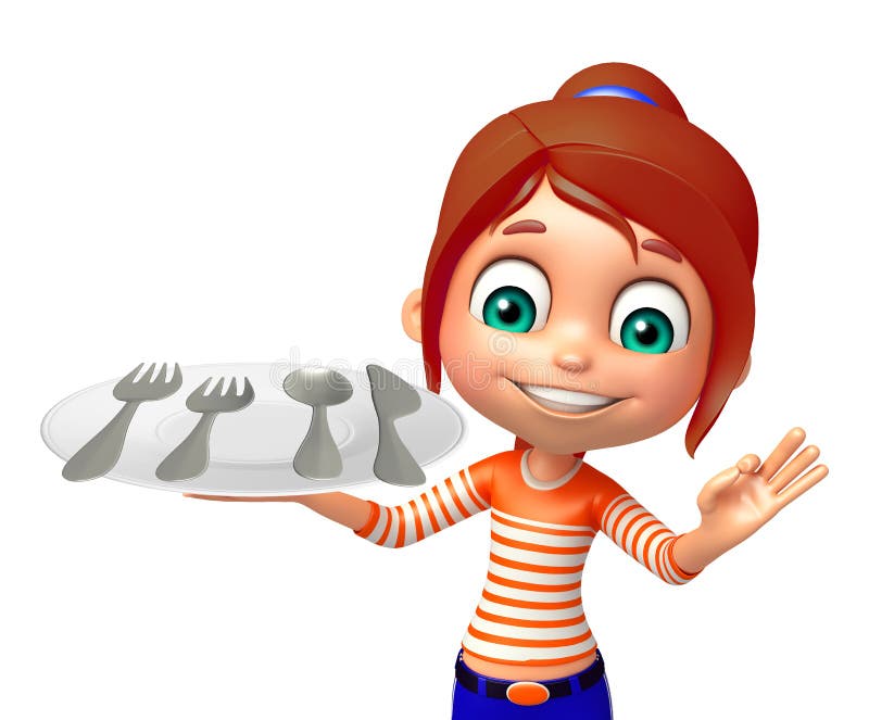 Kid girl with Dinner plate stock illustration. Illustration of dinner ...
