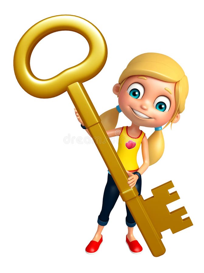 Kid girl with; Key; stock illustration. Illustration of cheerful - 77523519