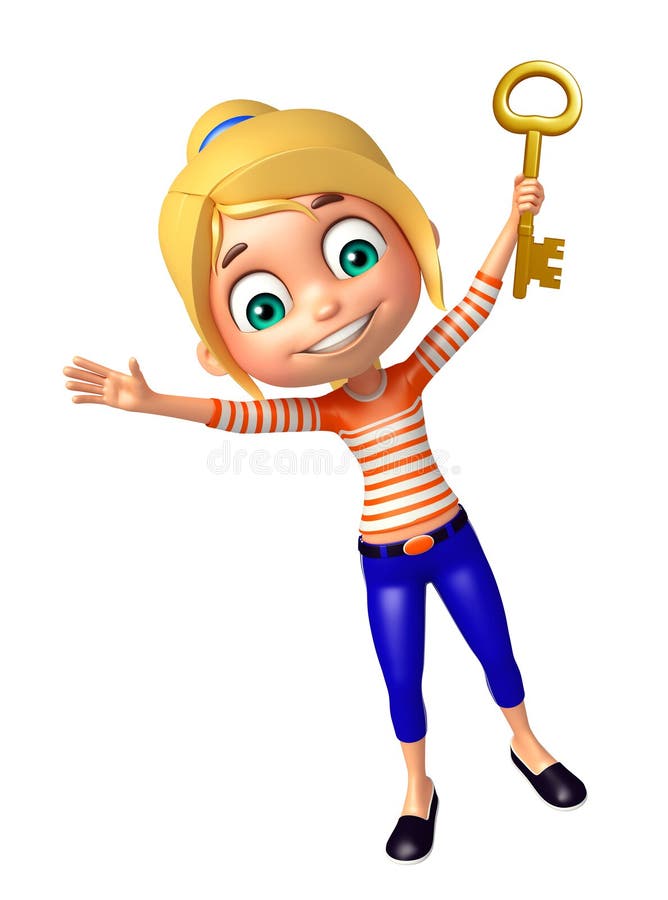 Kid girl with; Key; stock illustration. Illustration of education ...
