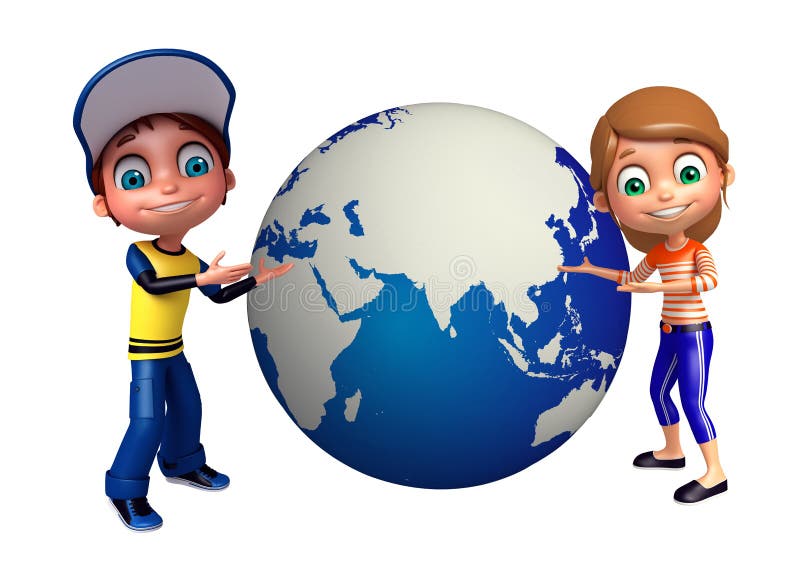 Kid Girl and Kid Boy with Earth Stock Illustration - Illustration of ...