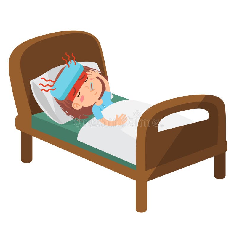 Kid Girl Lying in Bed with High Fever Stock Illustration - Illustration ...
