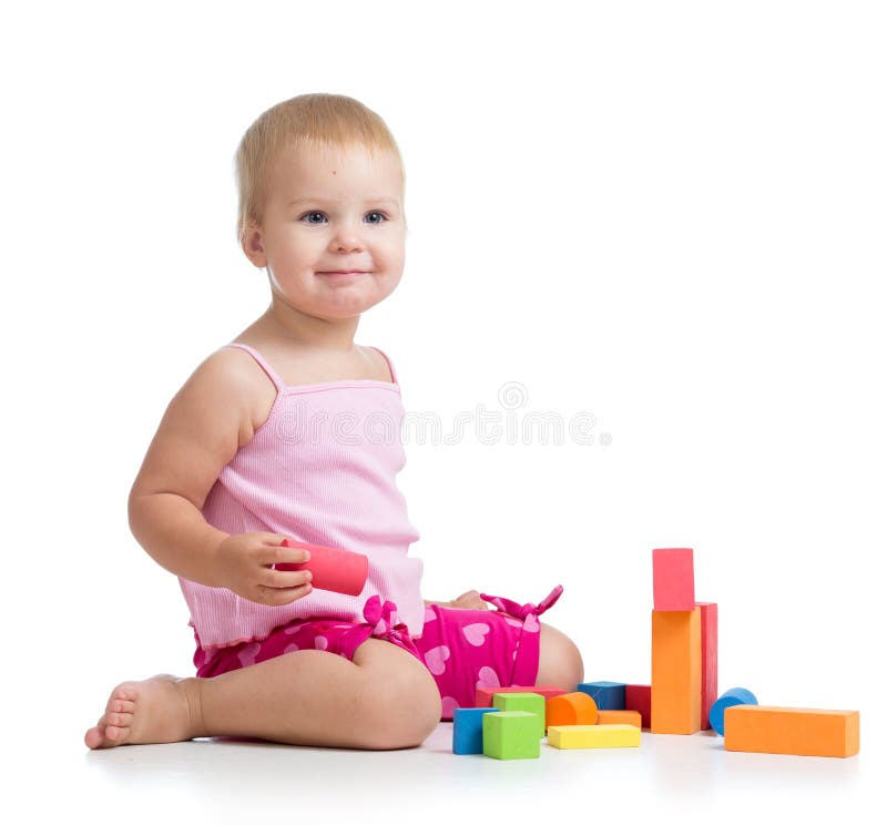 Kid Girl Playing Toy Blocks on White Stock Image - Image of girl, game ...